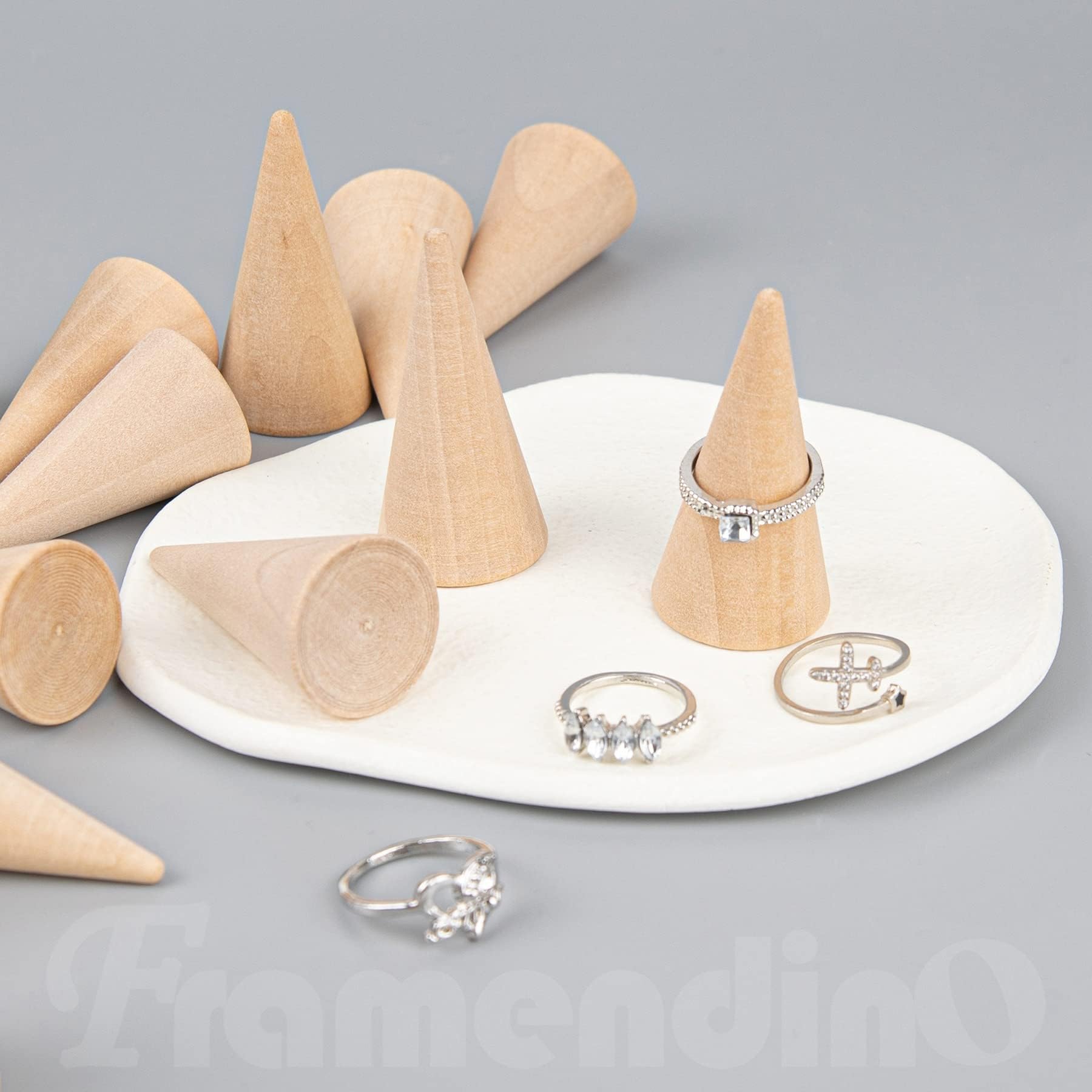 Framendino, 10 Pack Natural Wood Cone Ring Holder Finger Jewelry Display Stand Organizer DIY Craft Wooden (Vertical Shaped)