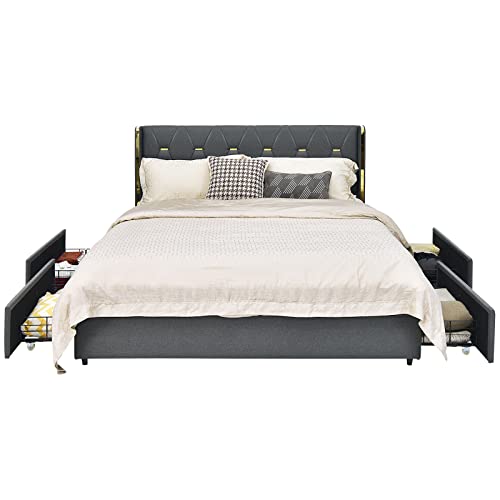 Giantex Upholstered Bed Frame with 4 Drawers, Queen Size Linen Bed Frame, Heavy-Duty Noise-Free Bed Frame, Easy Assembly, No Box Spring, Grey