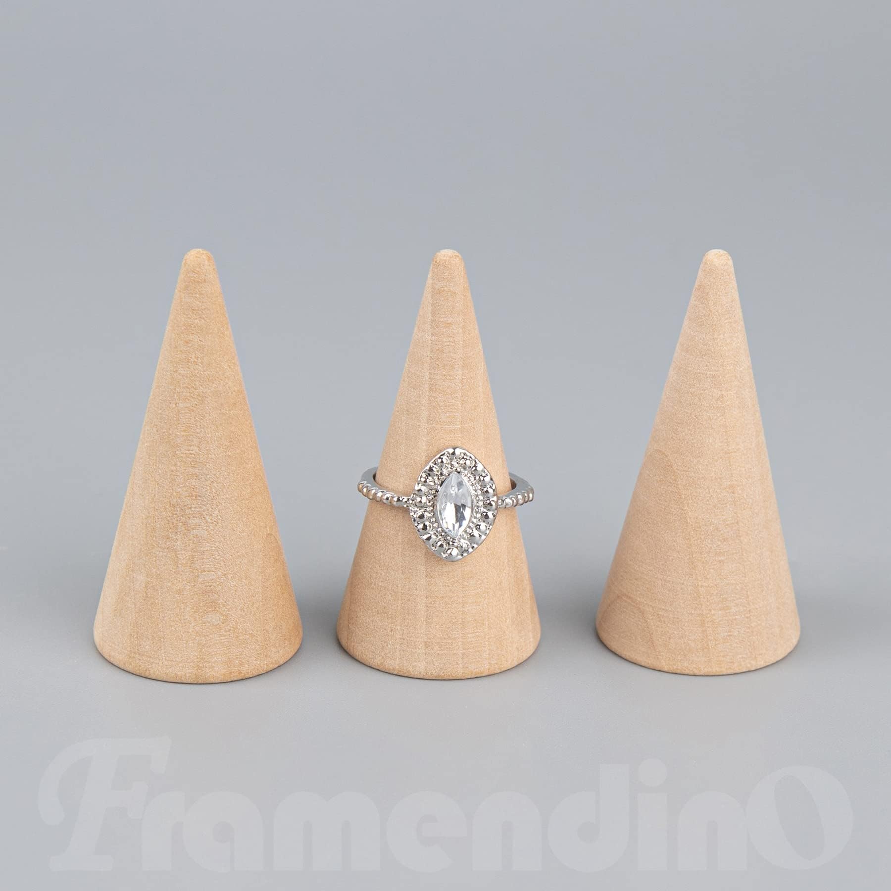 Framendino, 10 Pack Natural Wood Cone Ring Holder Finger Jewelry Display Stand Organizer DIY Craft Wooden (Vertical Shaped)