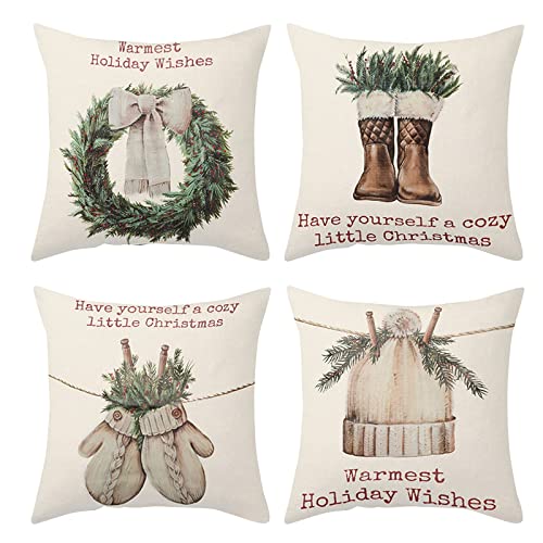Scceatti Christmas Pillow Covers Set of 4 18x18 in Liene Winter Cushion Cover with Zipper Print Bohemian Toss Xmas Fashion Pillow Cases Protector for Couch Sofa Bed Living Room Decorations Gifts