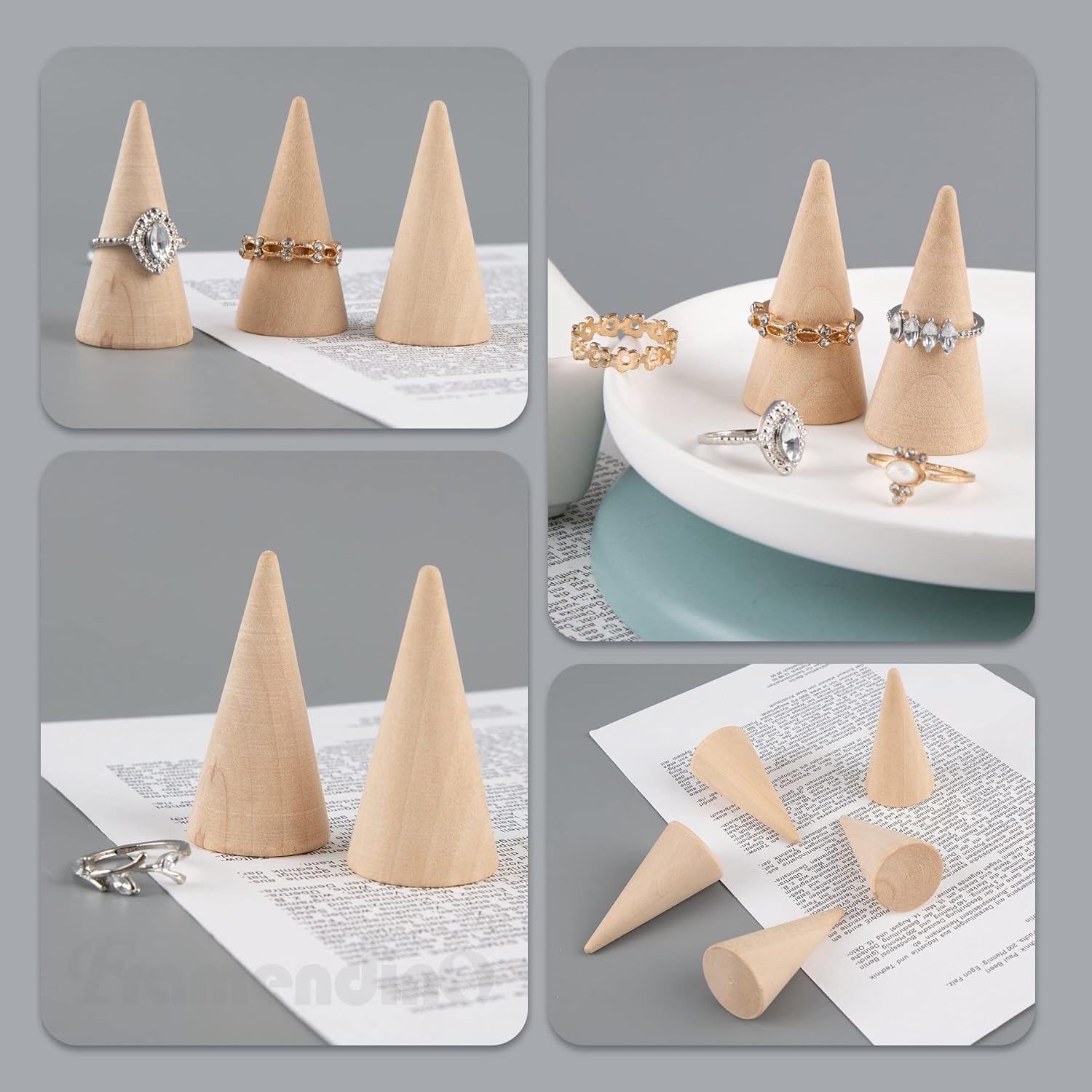 Framendino, 10 Pack Natural Wood Cone Ring Holder Finger Jewelry Display Stand Organizer DIY Craft Wooden (Vertical Shaped)
