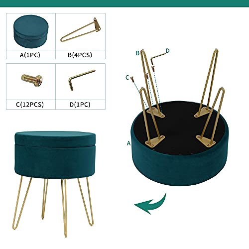 YITAHOME Modern Velvet Upholstered Round Storage Ottoman Footrest Vanity Stool with Gold Metal Legs & Tray Top Coffee Table Having 17.5” Height and Holds Upto 330 Lbs (Teal)