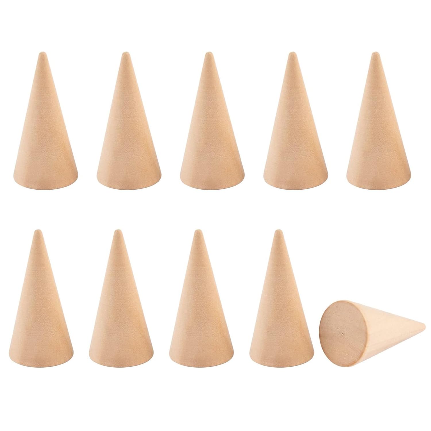 Framendino, 10 Pack Natural Wood Cone Ring Holder Finger Jewelry Display Stand Organizer DIY Craft Wooden (Vertical Shaped)