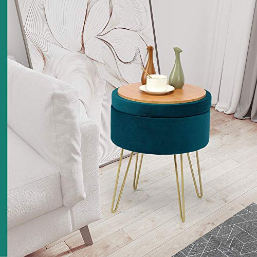 YITAHOME Modern Velvet Upholstered Round Storage Ottoman Footrest Vanity Stool with Gold Metal Legs & Tray Top Coffee Table Having 17.5” Height and Holds Upto 330 Lbs (Teal)