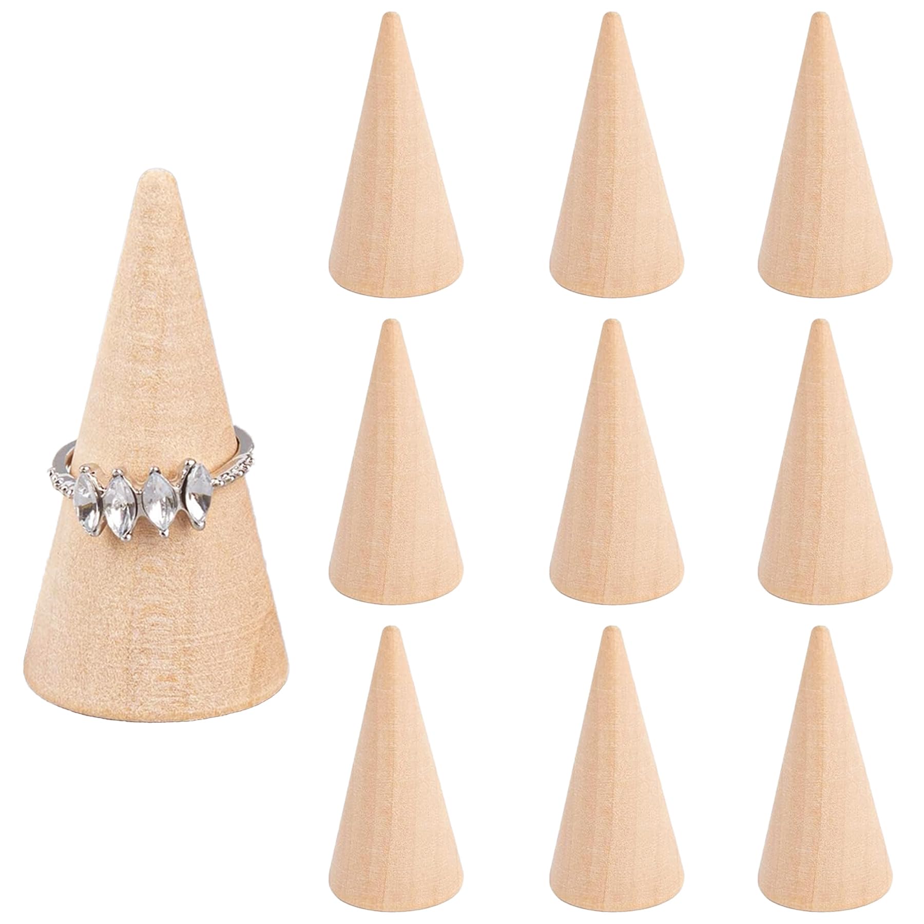 Framendino, 10 Pack Natural Wood Cone Ring Holder Finger Jewelry Display Stand Organizer DIY Craft Wooden (Vertical Shaped)