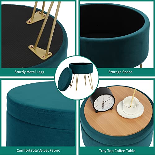 YITAHOME Modern Velvet Upholstered Round Storage Ottoman Footrest Vanity Stool with Gold Metal Legs & Tray Top Coffee Table Having 17.5” Height and Holds Upto 330 Lbs (Teal)