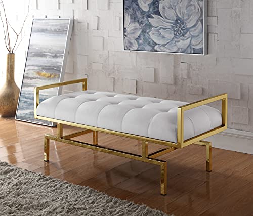 Iconic Home Bruno PU Leather Modern Contemporary Tufted Seating Goldtone Metal Leg Bench, White