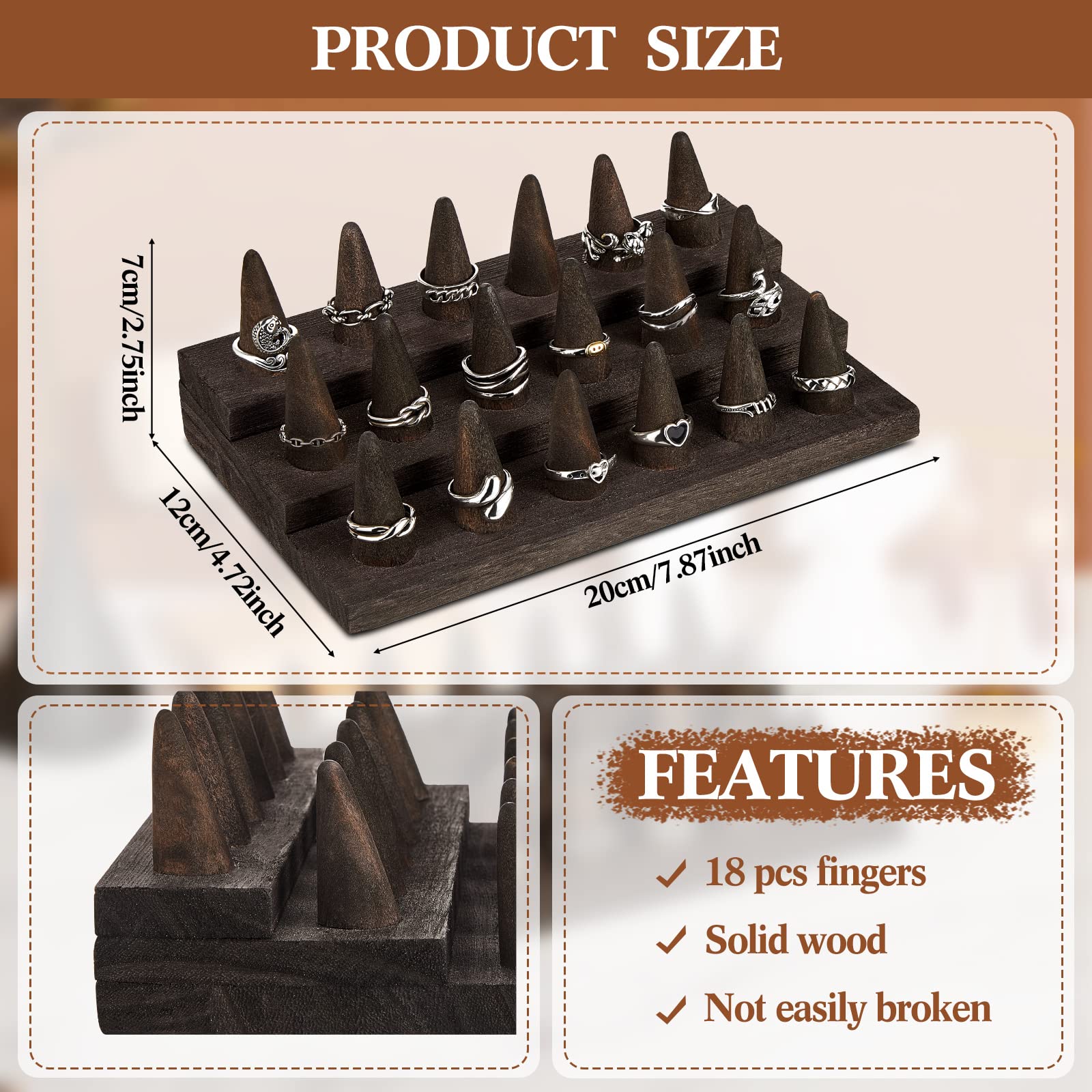 Juexica 18 Fingers Wood Ring Display Wooden Finger Ring Stand for Selling Jewelry Display Holder Showcase for Storage(Black Gray)