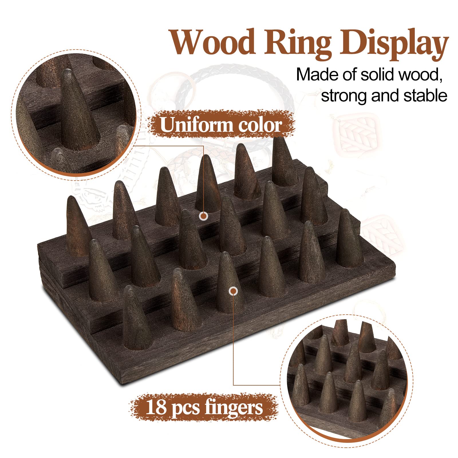 Juexica 18 Fingers Wood Ring Display Wooden Finger Ring Stand for Selling Jewelry Display Holder Showcase for Storage(Black Gray)