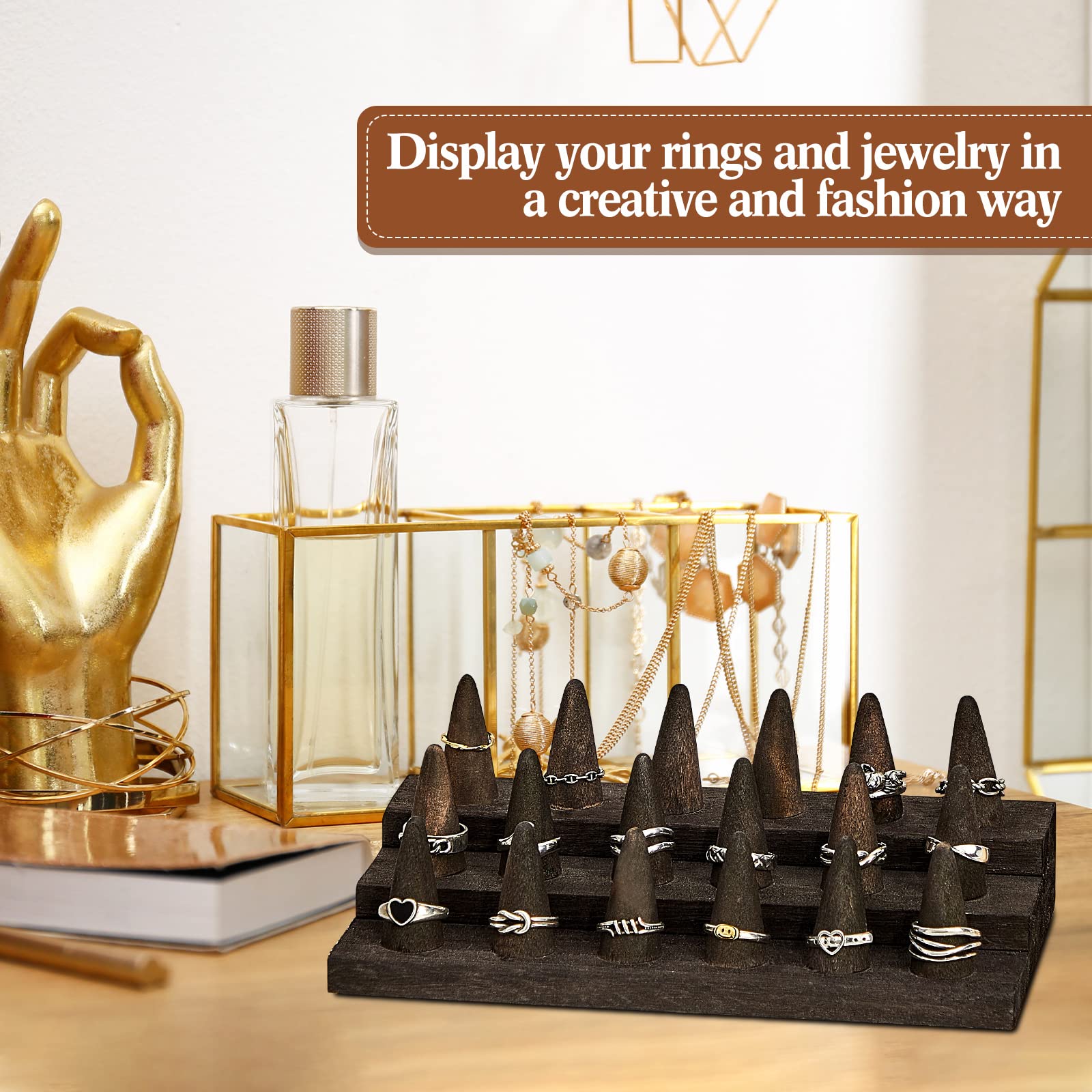 Juexica 18 Fingers Wood Ring Display Wooden Finger Ring Stand for Selling Jewelry Display Holder Showcase for Storage(Black Gray)