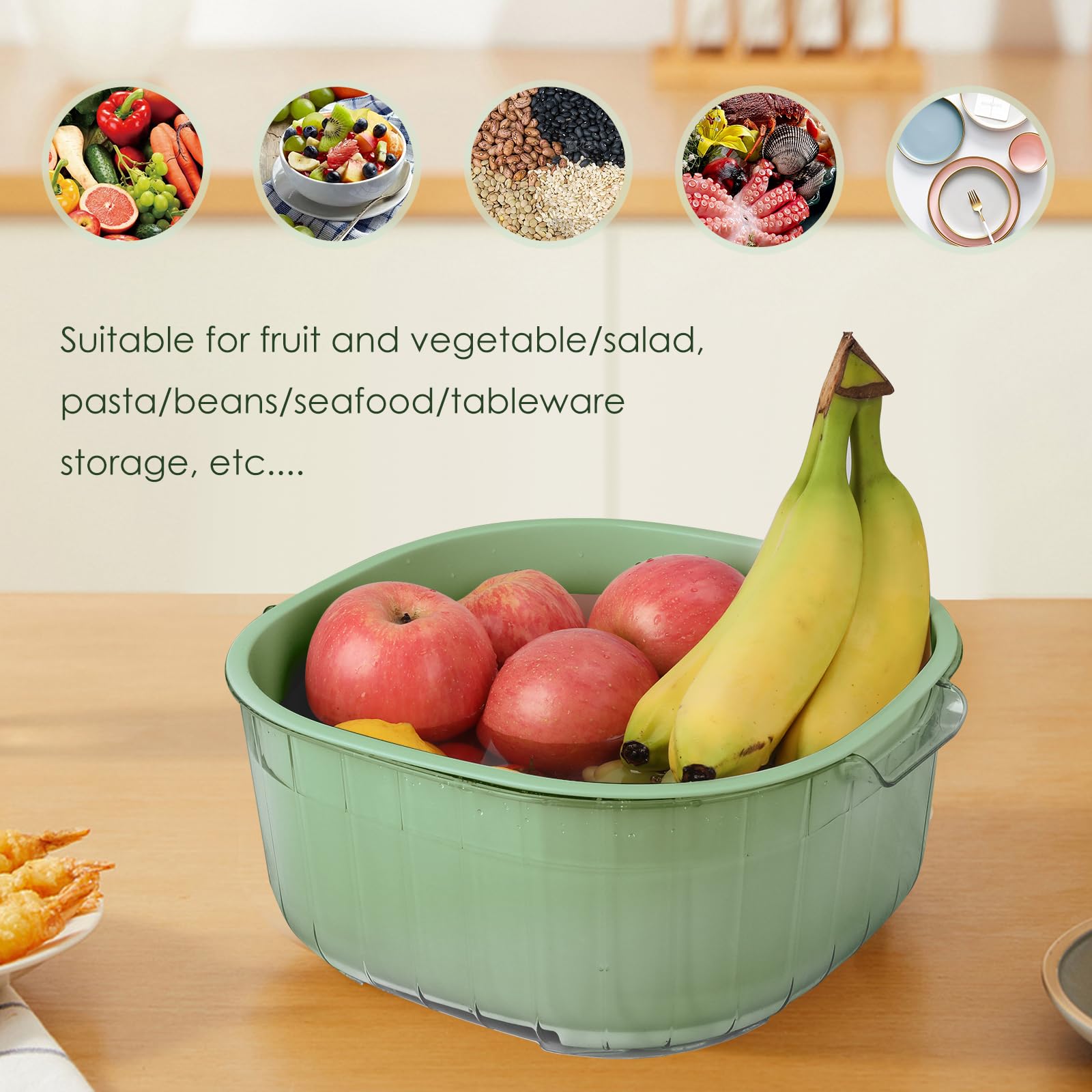 8.2 Quart Large Strainers and Colanders,3 Sets Plastic 2 in 1 Double Layered Strainers for Kitchen,BPA Free Fruits and Vegetable Washing Basket,for Pasta Salad Berry Cleaning Mixing (Green)
