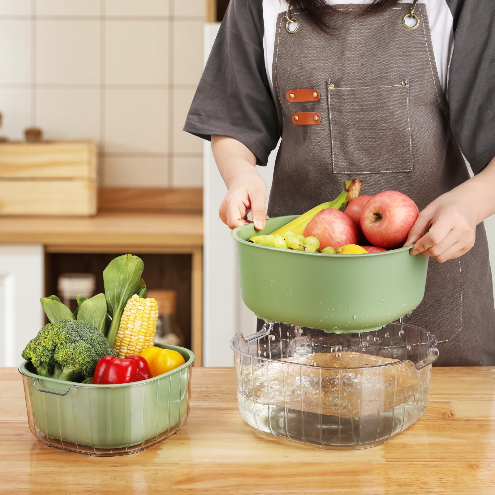 8.2 Quart Large Strainers and Colanders,3 Sets Plastic 2 in 1 Double Layered Strainers for Kitchen,BPA Free Fruits and Vegetable Washing Basket,for Pasta Salad Berry Cleaning Mixing (Green)