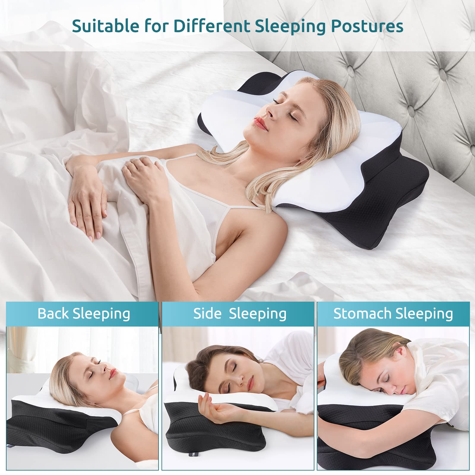 DONAMA Cervical Pillow for Neck Pain Relief,Contour Memory Foam Pillow,Ergonomic Orthopedic Neck Support Pillows for Side,Back and Stomach Sleepers with Breathable Pillowcase-Black