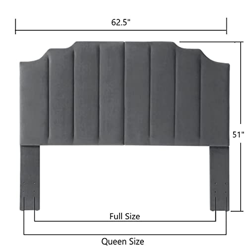 24KF Velvet Upholstered Tufted Queen headboard Full headboard with Vertical Channel Design Queen/Full Headboard -Dark Gray