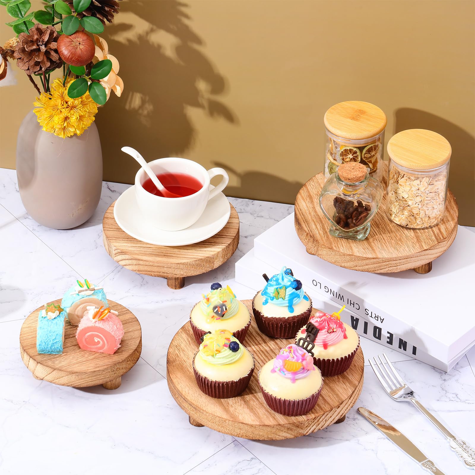 Geetery 4 Pcs Wooden Risers for Display Wood Pedestal Stand Mini Tray Stand Round Wooden Pedestal Holder Rustic Riser for Decor Tiered Tray Decor Home Kitchen, 4 Size(Light Brown)