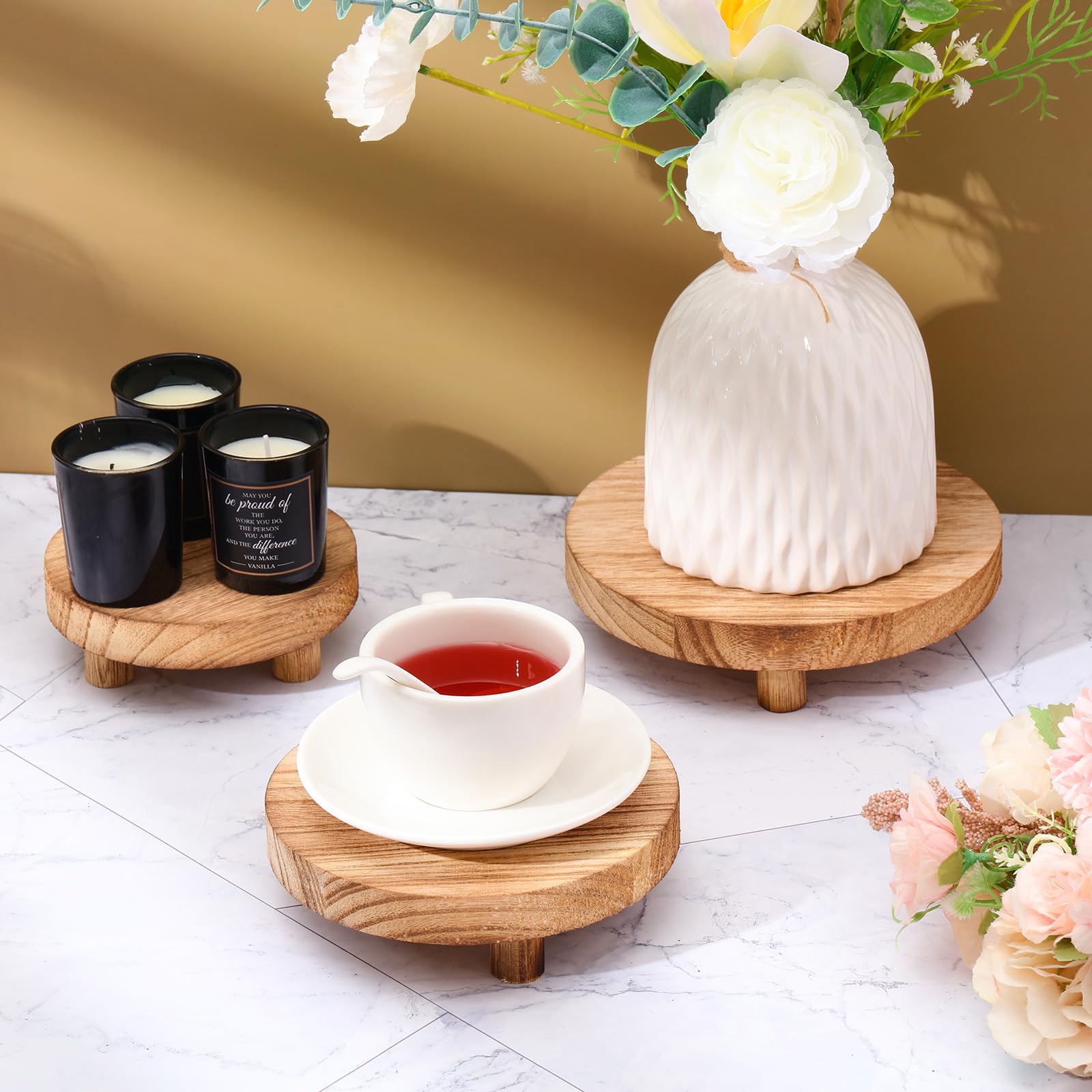 Geetery 4 Pcs Wooden Risers for Display Wood Pedestal Stand Mini Tray Stand Round Wooden Pedestal Holder Rustic Riser for Decor Tiered Tray Decor Home Kitchen, 4 Size(Light Brown)