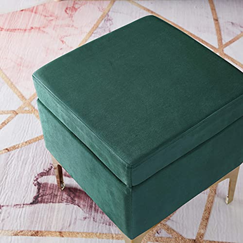 Ornavo Home Madison Modern Contemporary Square Upholstered Velvet Ottoman - Vanity Chair - Gold Metal Legs - Emerald Green