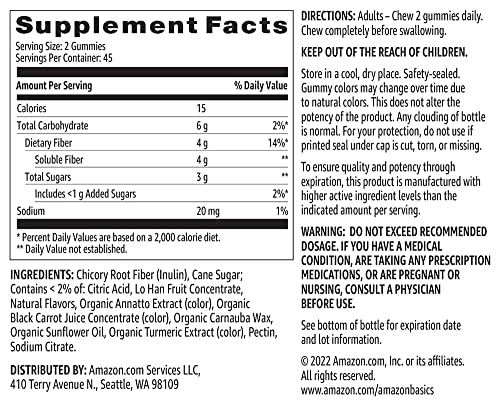 Amazon Basics (previously Solimo) Fiber 4g Gummies, Digestive Health, Supports Regularity, Orange, Lemon & Strawberry Flavors, 90 Count