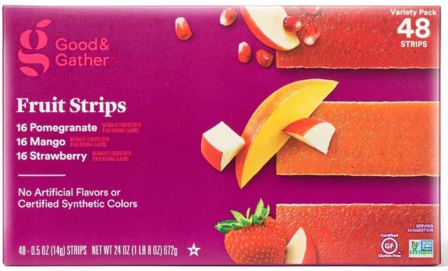 Fruit Strips Pomegranate, Mango and Strawberry Fruit Leathers Healthy Snack Made with Real Fruit Puree Concentrate Good and Gather Variety Pack 48 Strips