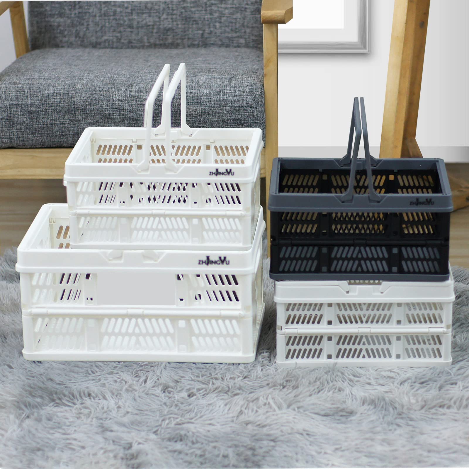 ZHJINGYU crates for storage,plastic baskets for organizing,Plastic Storage Crate,Foldable Milk crate with Handles,collapsible storage crate,car basket,for Kitchen,Bathroom,Medicine