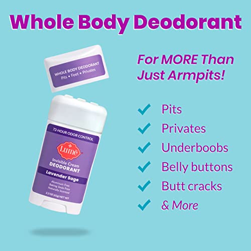 Lume Deodorant Cream Stick - Underarms and Private Parts - Aluminum-Free, Baking Soda-Free, Hypoallergenic, and Safe For Sensitive Skin - 2.2 Ounce (Lavender Sage)