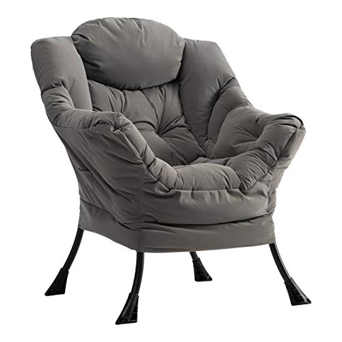 AcozyHom Modern Large Cotton Fabric Lazy Chair,Accent Contemporary Lounge Chair, Single Steel Frame Leisure Sofa Chair with Armrests and A Side Pocket, Nanometer Grey