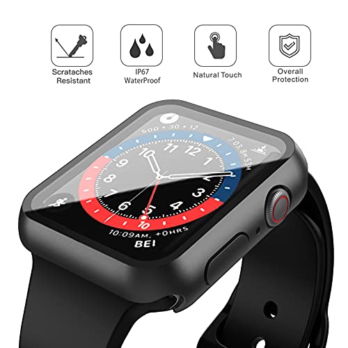 Misxi 2 Pack Waterproof Black Hard Case with Tempered Glass Compatible with Apple Watch Series 6 SE Series 5 Series 4 44mm, Ultra-Thin Durable Protective Cover for iWatch Screen Protector