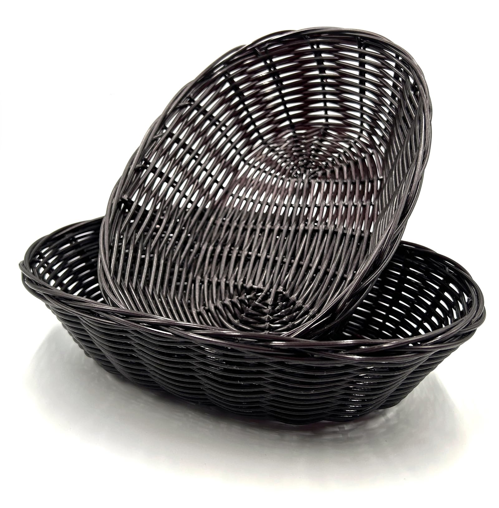 Cheardia 12 Pack Plastic Oval Basket, 8.6 X 6.3 X 2.1 Inch Woven Bread Baskets for Serving Small Empty Gift Baskets, Imitation Rattan Basket for Kitchen Restaurant Centerpiece Display - Dark Brown