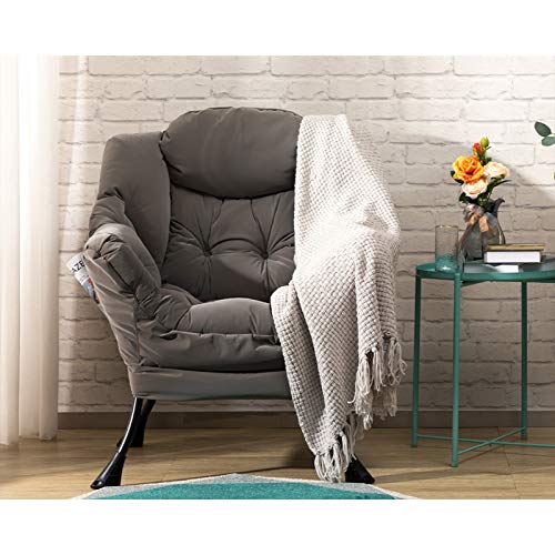AcozyHom Modern Large Cotton Fabric Lazy Chair,Accent Contemporary Lounge Chair, Single Steel Frame Leisure Sofa Chair with Armrests and A Side Pocket, Nanometer Grey