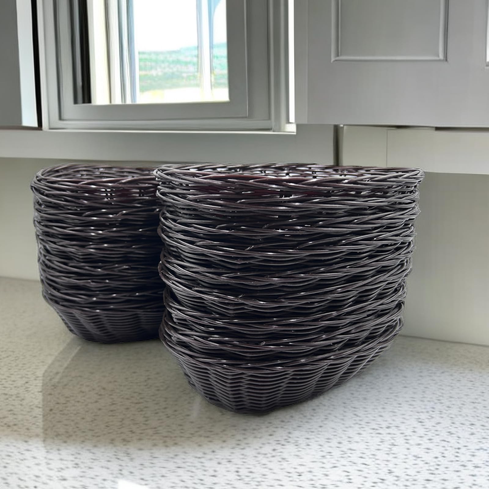 Cheardia 12 Pack Plastic Oval Basket, 8.6 X 6.3 X 2.1 Inch Woven Bread Baskets for Serving Small Empty Gift Baskets, Imitation Rattan Basket for Kitchen Restaurant Centerpiece Display - Dark Brown