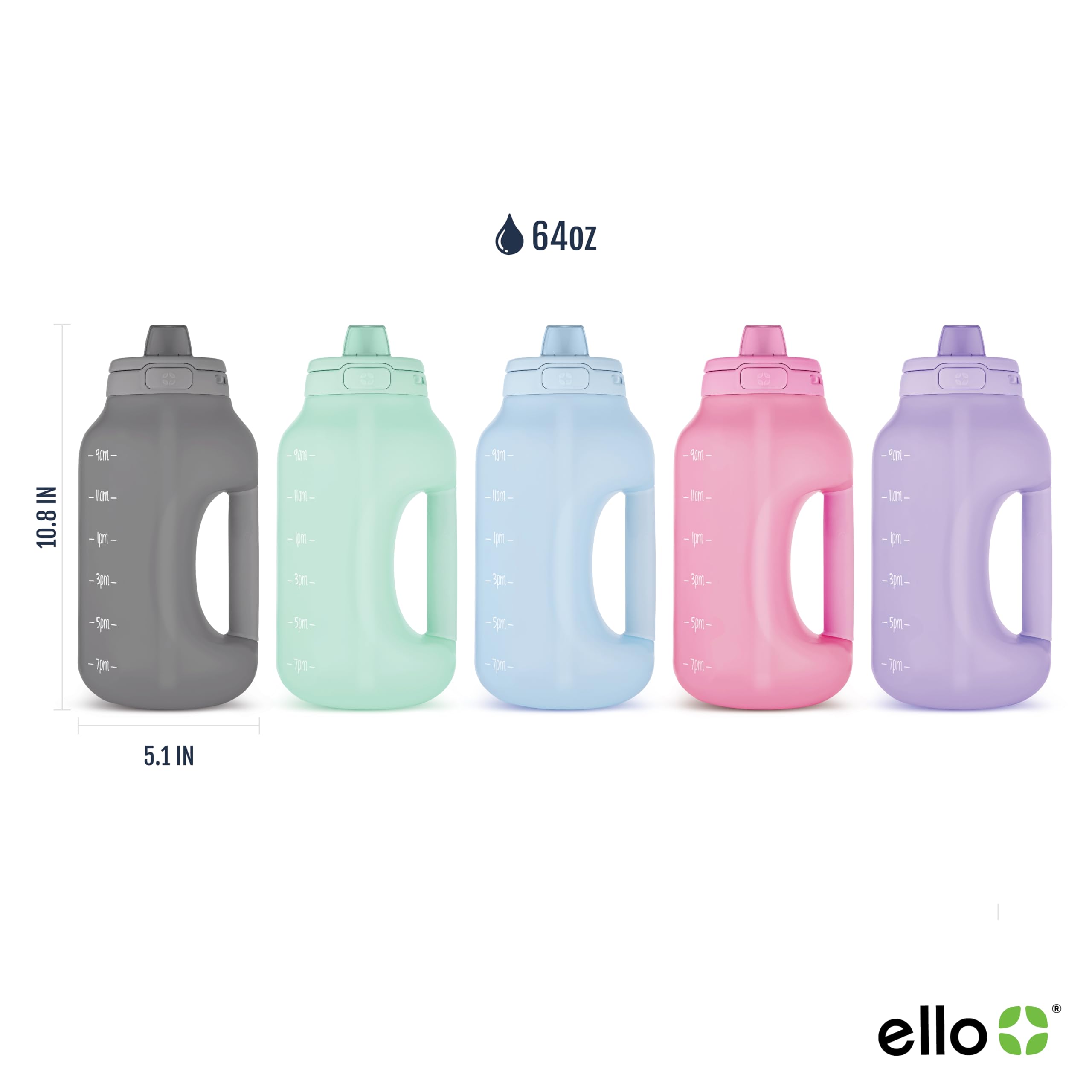 Ello Hydra 64oz Half Gallon Water Jug with Handle and Motivational Time Markers for All Day Hydration, Plastic Reusable Water Bottle with Straw and Locking, Leak Proof Lid, BPA Free, Grey