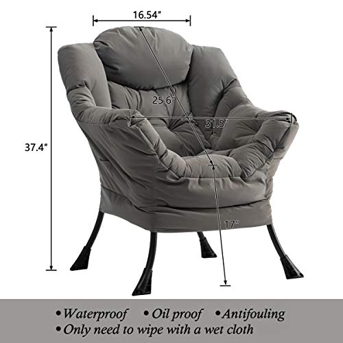 AcozyHom Modern Large Cotton Fabric Lazy Chair,Accent Contemporary Lounge Chair, Single Steel Frame Leisure Sofa Chair with Armrests and A Side Pocket, Nanometer Grey