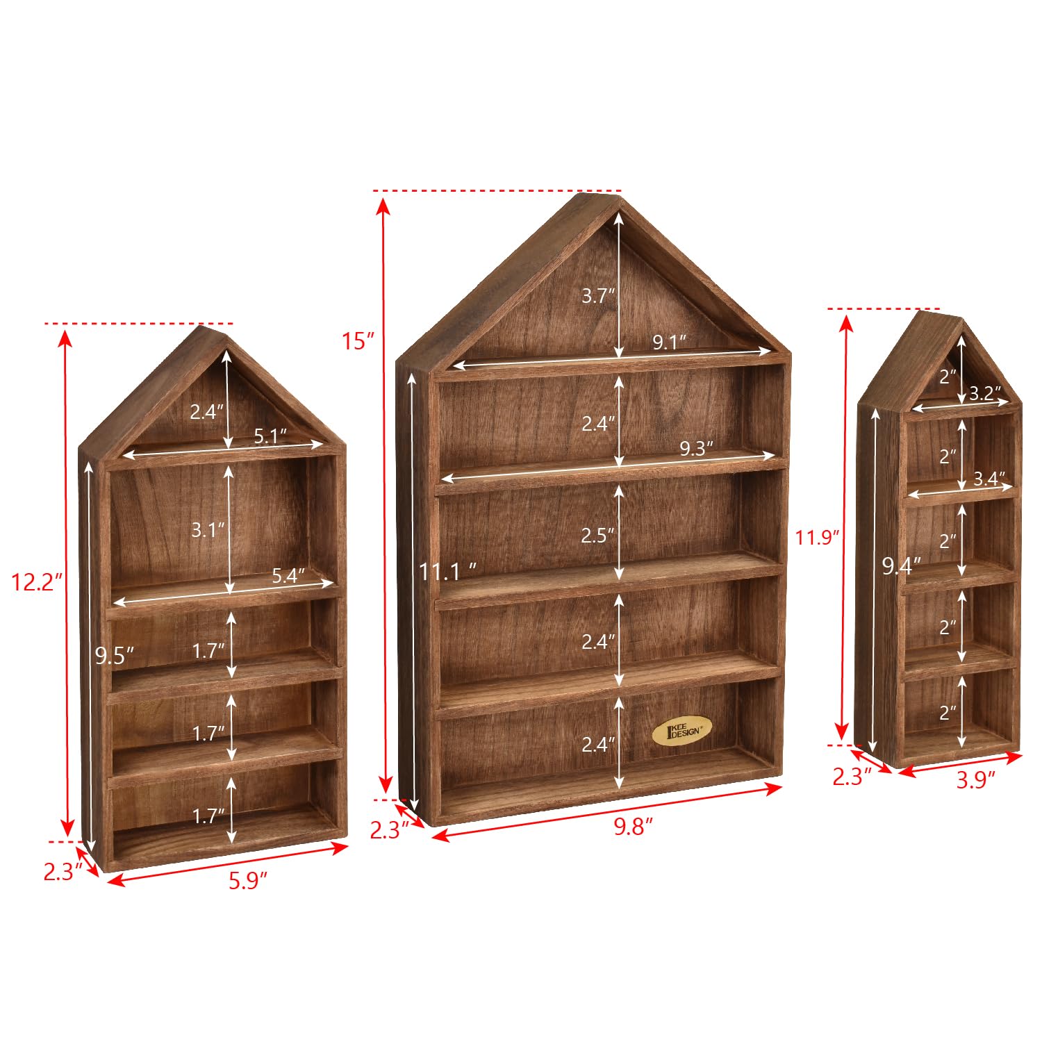 Ikee Design 3 Pcs Set House-Shaped Shelf Wooden Shadow Cubby Box Display Shelf Organizer Storage Display Shadow Box for Mini Figures,15 Compartments, Brown Color