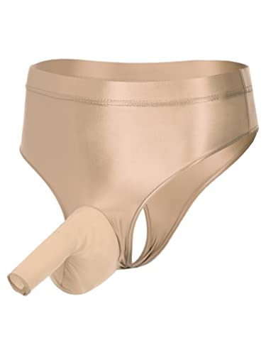 Vxuxlje Men's 30D Oil Glossy Spandex Panties Shiny Silky Penis Sleeve High Waist Tights Underwear Coffee A X-Large