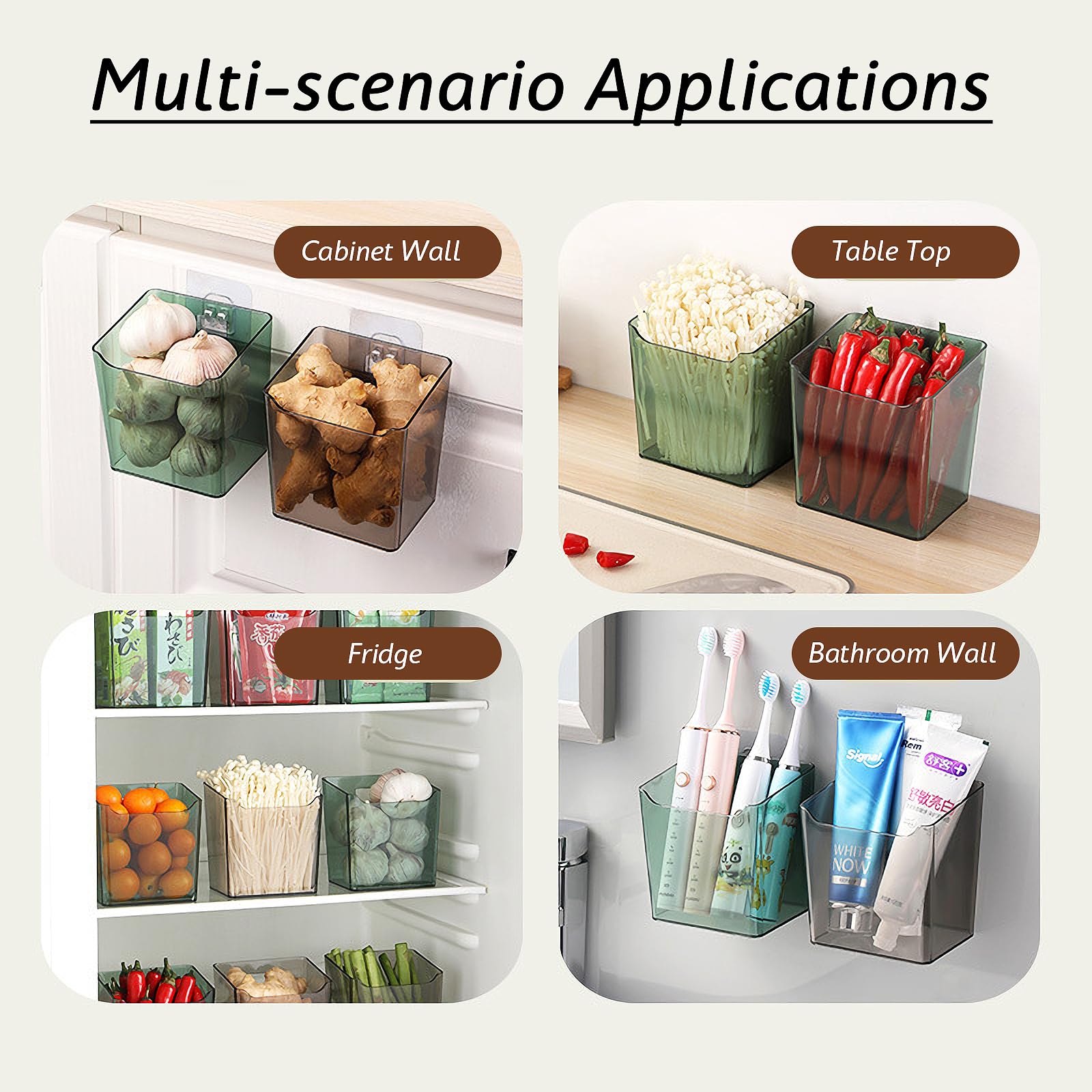 UXIVCKI 2 Pack Wall Mount Storage Organizer for Kitchen, Adhesive Clear Sorage Container Plastic Wall Space Saving Hanging Basket Bins for Pantry, Refrigerator, Bathroom, Countertops