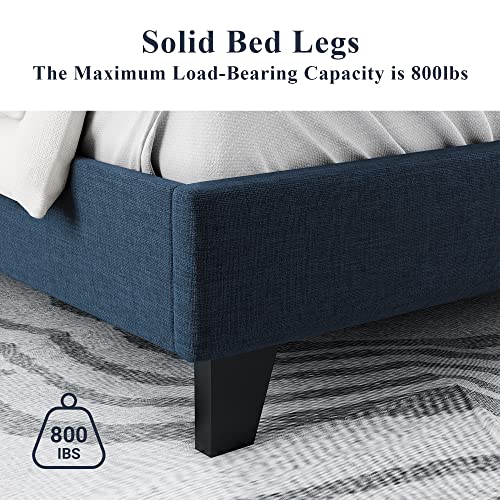 Allewie Queen Size Platform Bed Frame with Wingback/Fabric Upholstered Square Stitched Headboard and Wooden Slats/Mattress Foundation/Box Spring Optional/Easy Assembly, Navy Blue