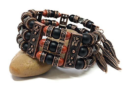Native American Inspired Bracelet Beaded Bohemian Cuff Bracelets for Women Men Red Jasper and Black Onyx Jewelry
