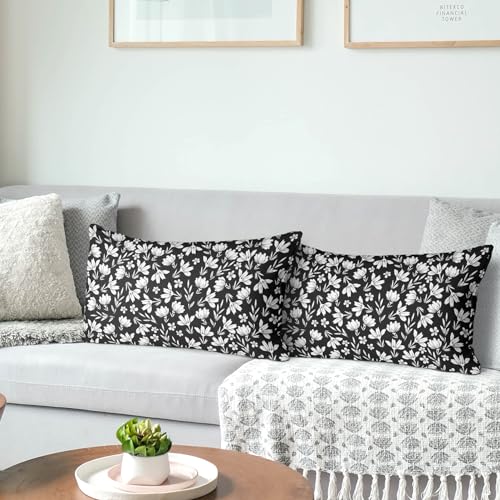 Snycler Spring Flower Pillow Covers 12x20 Set of 2 Rustic Cute Small Floral Black Cream Decorative Throw Pillows Outdoor Pillowcase Farmhouse Velvet Cushion Case Decor for Home Sofa Couch Bed