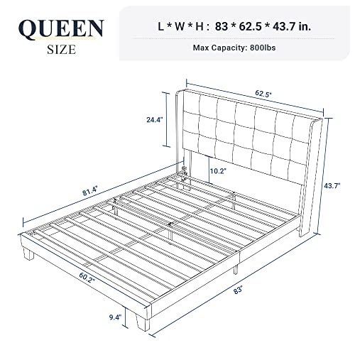 Allewie Queen Size Platform Bed Frame with Wingback/Fabric Upholstered Square Stitched Headboard and Wooden Slats/Mattress Foundation/Box Spring Optional/Easy Assembly, Navy Blue