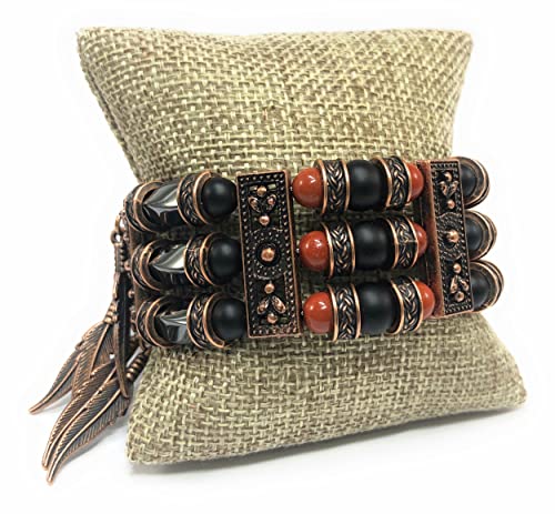Native American Inspired Bracelet Beaded Bohemian Cuff Bracelets for Women Men Red Jasper and Black Onyx Jewelry