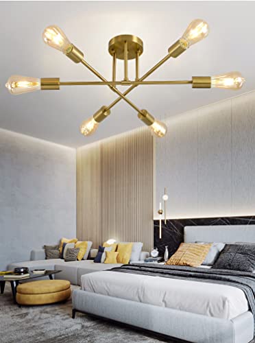 Mid Century Ceiling Light Fixture,Adjustable 6-Light Sputnik Chandelier,Semi-Flush Mount Pendant Lighting,Industrial Vintage Lighting Fixtures Plating Finish for Kitchen Dining Room Bedroom Foyer
