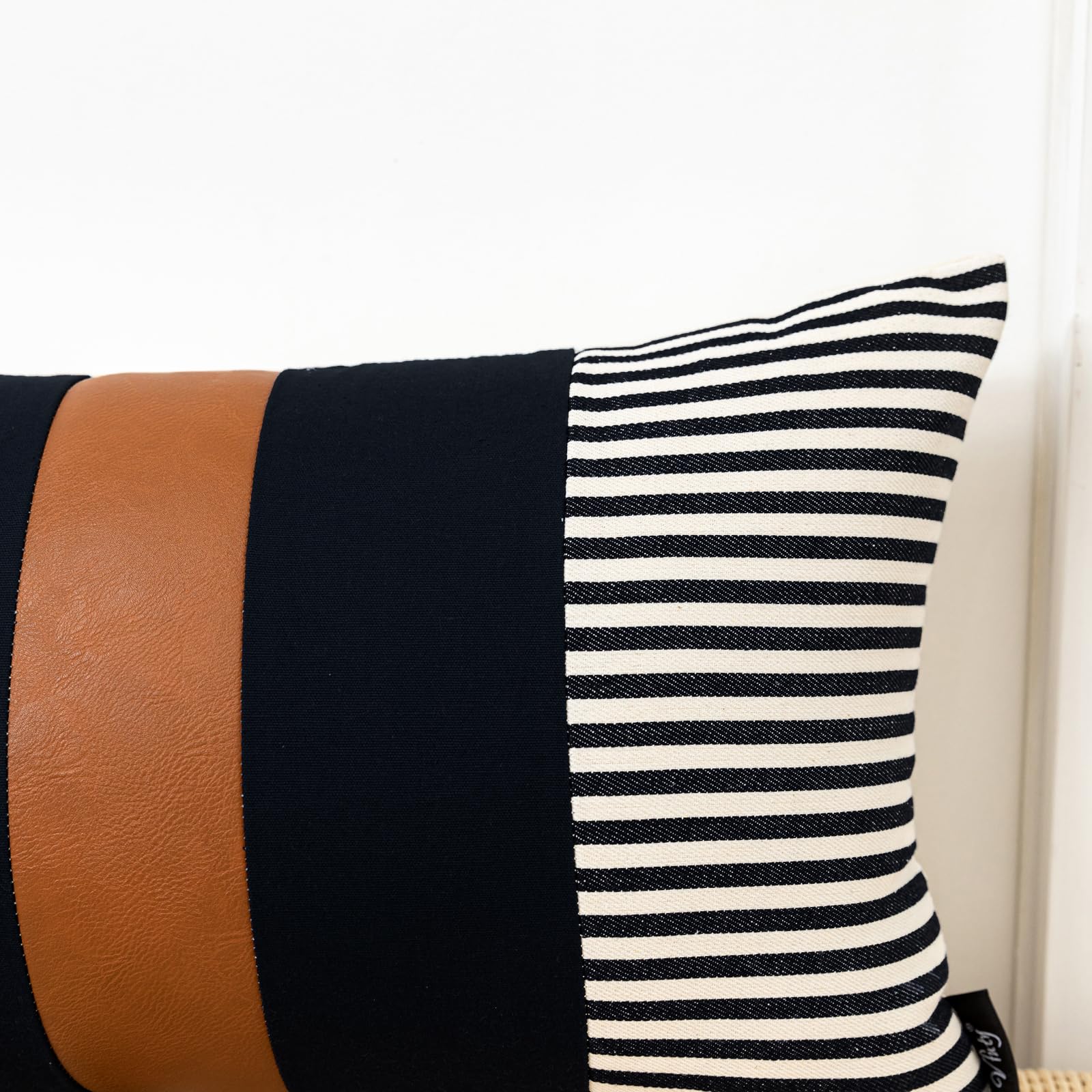 Vfuty Brown and Black Decorative Pillow Cover Set of 2, Farmhouse Stripe Pillow Cover 12x20 Modern Faux Leather Accent Pillow Case for Couch Sofa Bed Boho Patchwork Cushion Cover