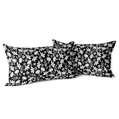 Snycler Spring Flower Pillow Covers 12x20 Set of 2 Rustic Cute Small Floral Black Cream Decorative Throw Pillows Outdoor Pillowcase Farmhouse Velvet Cushion Case Decor for Home Sofa Couch Bed