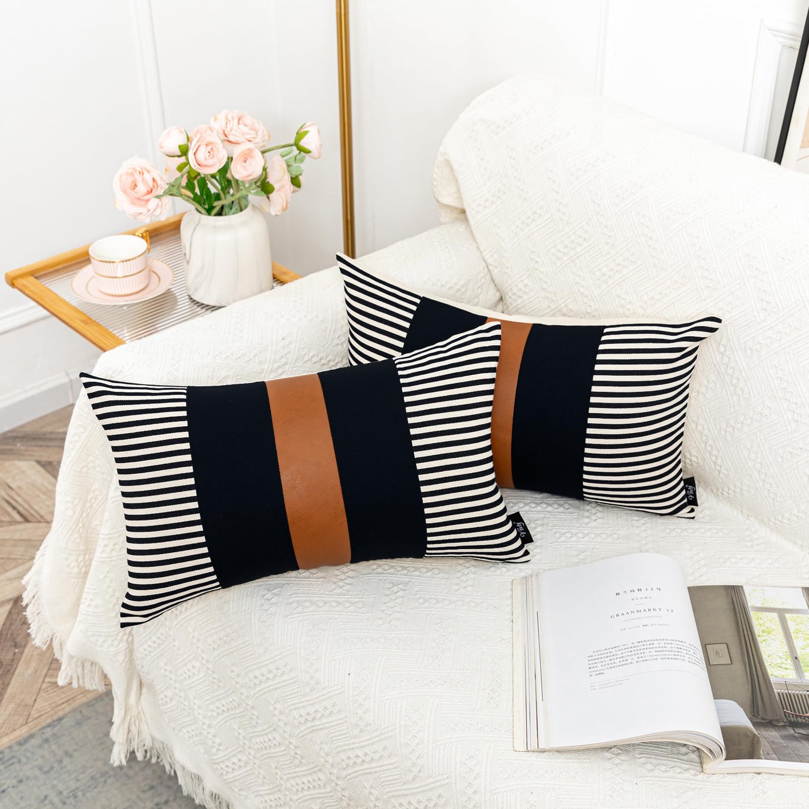 Vfuty Brown and Black Decorative Pillow Cover Set of 2, Farmhouse Stripe Pillow Cover 12x20 Modern Faux Leather Accent Pillow Case for Couch Sofa Bed Boho Patchwork Cushion Cover
