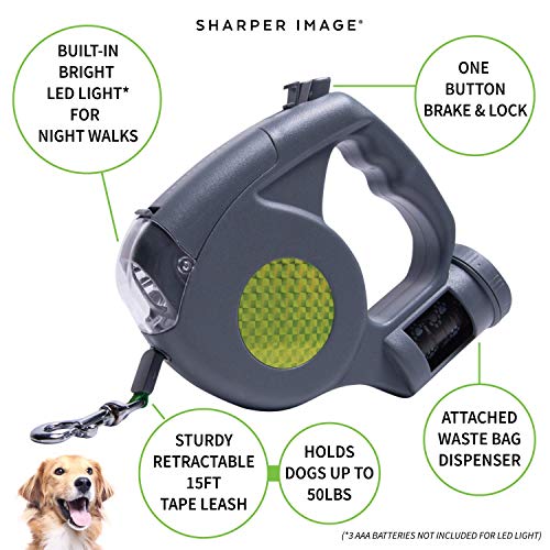 Sharper Image 3 in 1 Retractable Dog Leash with Flashlight and Waste Bag Dispenser (Grey)