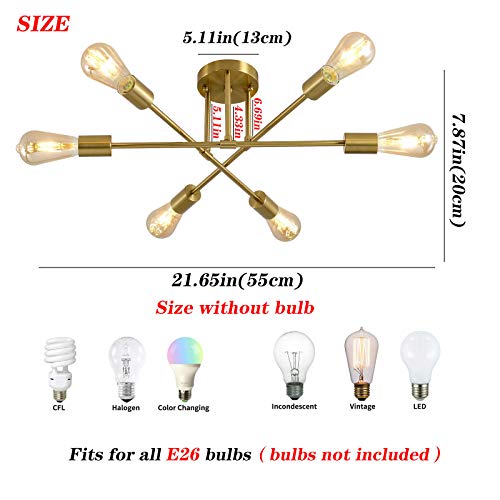 Mid Century Ceiling Light Fixture,Adjustable 6-Light Sputnik Chandelier,Semi-Flush Mount Pendant Lighting,Industrial Vintage Lighting Fixtures Plating Finish for Kitchen Dining Room Bedroom Foyer