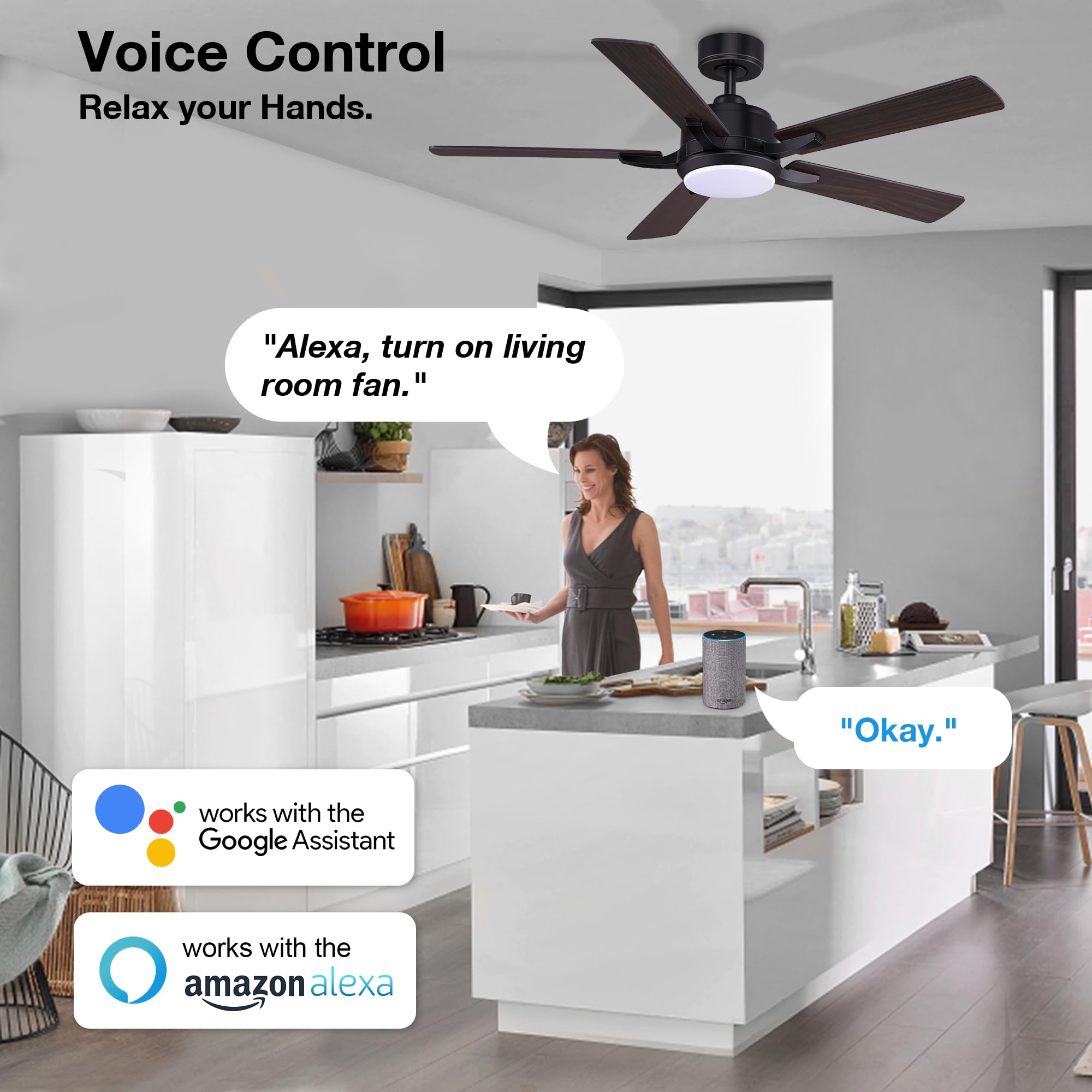 cumilo 52” Smart Ceiling Fanswith Lights Remote Control,Quiet DC Motor,Outdoor Indoor Modern Farmhouse Ceiling Fan work with Alexa App,Dimmable LED Light,Black/Brown for Bedroom Living Room Patio