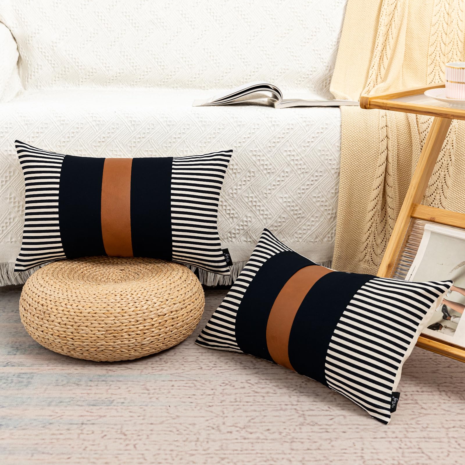 Vfuty Brown and Black Decorative Pillow Cover Set of 2, Farmhouse Stripe Pillow Cover 12x20 Modern Faux Leather Accent Pillow Case for Couch Sofa Bed Boho Patchwork Cushion Cover