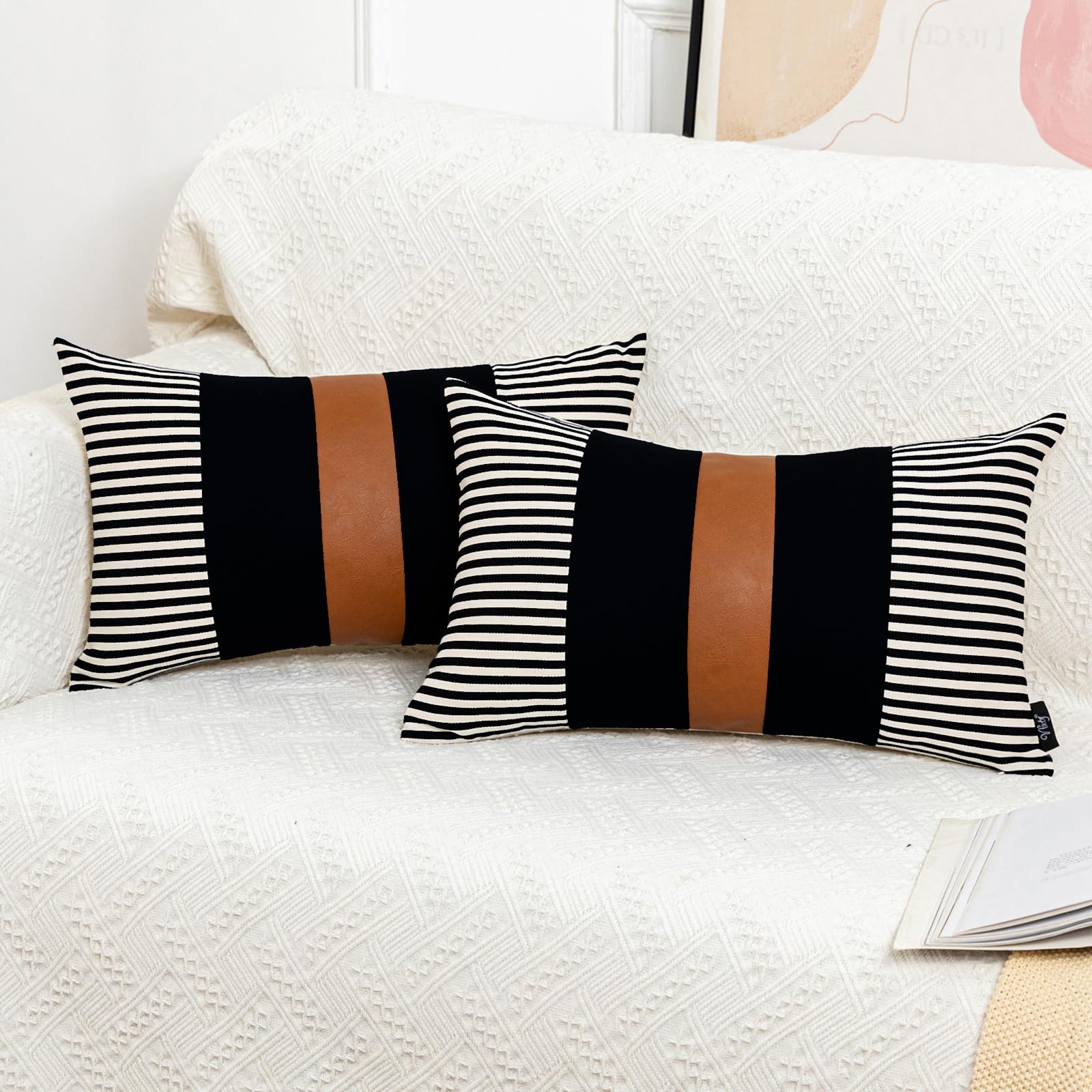 Vfuty Brown and Black Decorative Pillow Cover Set of 2, Farmhouse Stripe Pillow Cover 12x20 Modern Faux Leather Accent Pillow Case for Couch Sofa Bed Boho Patchwork Cushion Cover