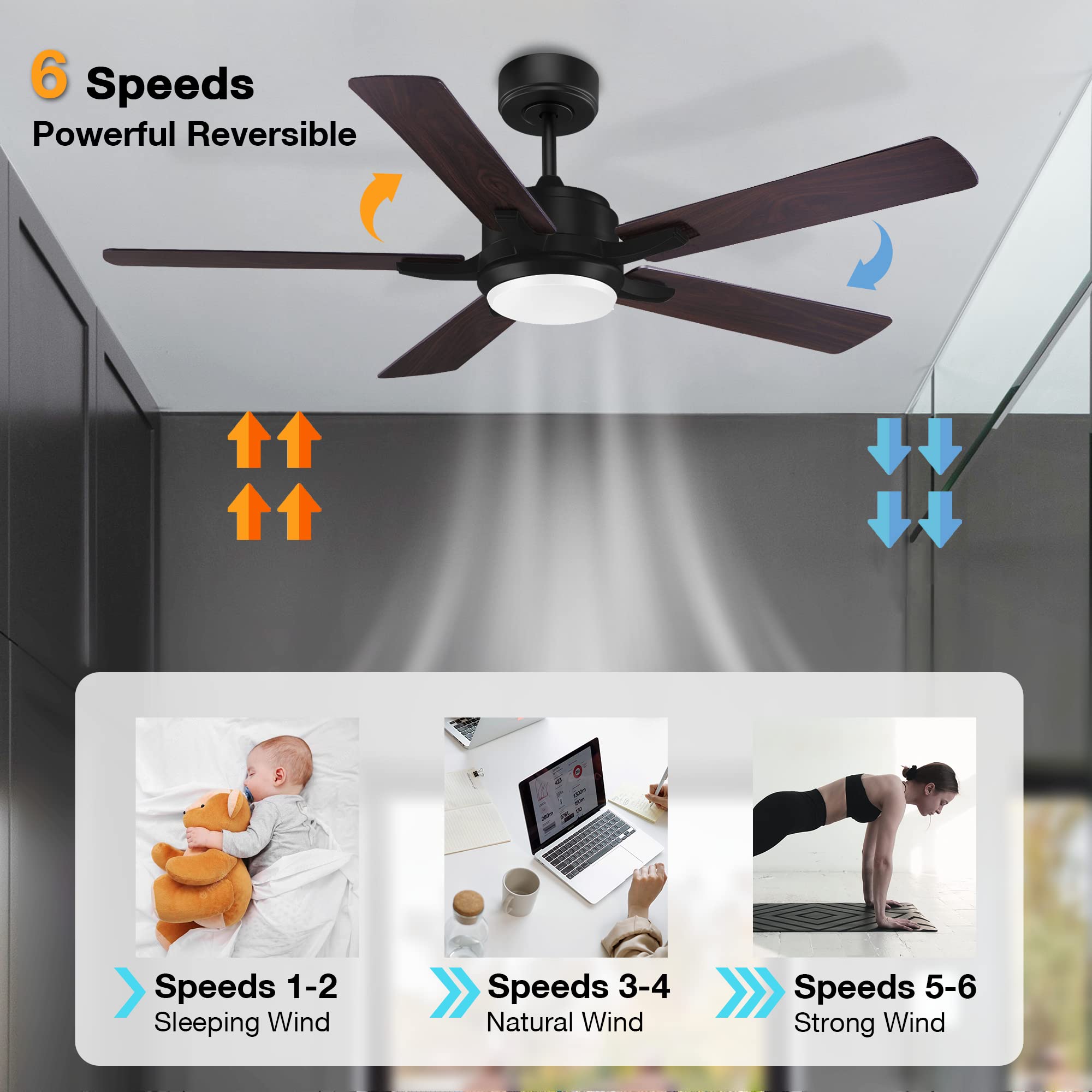 cumilo 52” Smart Ceiling Fanswith Lights Remote Control,Quiet DC Motor,Outdoor Indoor Modern Farmhouse Ceiling Fan work with Alexa App,Dimmable LED Light,Black/Brown for Bedroom Living Room Patio